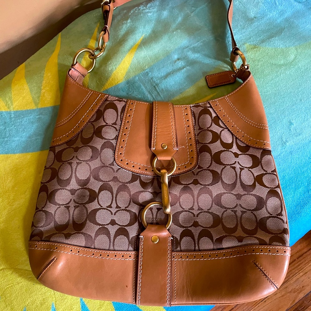 Coach Signature Leather Trimmed Shoulder Bag - Gem